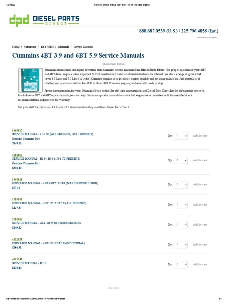 Cummins Service Manual - 6BT 5.9 - 4BT 3.9 - 12 Valve Engines | PDF ...