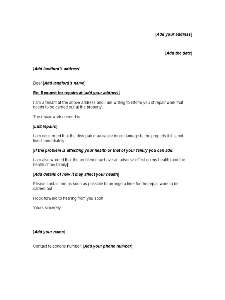 R1 Request For Repair Sample Letter | PDF