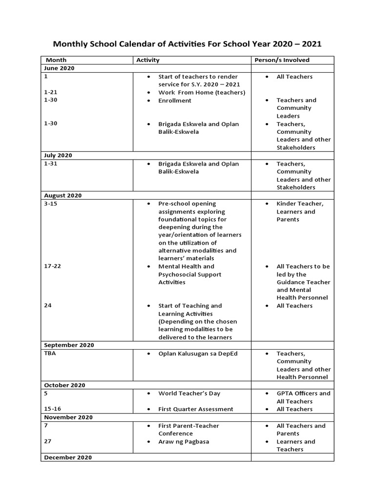 School Calendar of Activities For School Year 2020 | PDF | Teachers