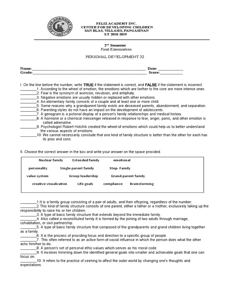Grade 11 - Final Exam PD | PDF | Grandparent | Family