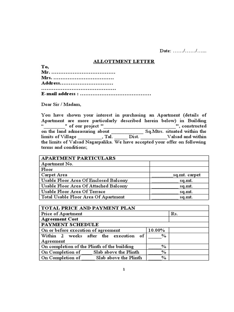 Apartment Allotment Letter Template | PDF | Government | Business