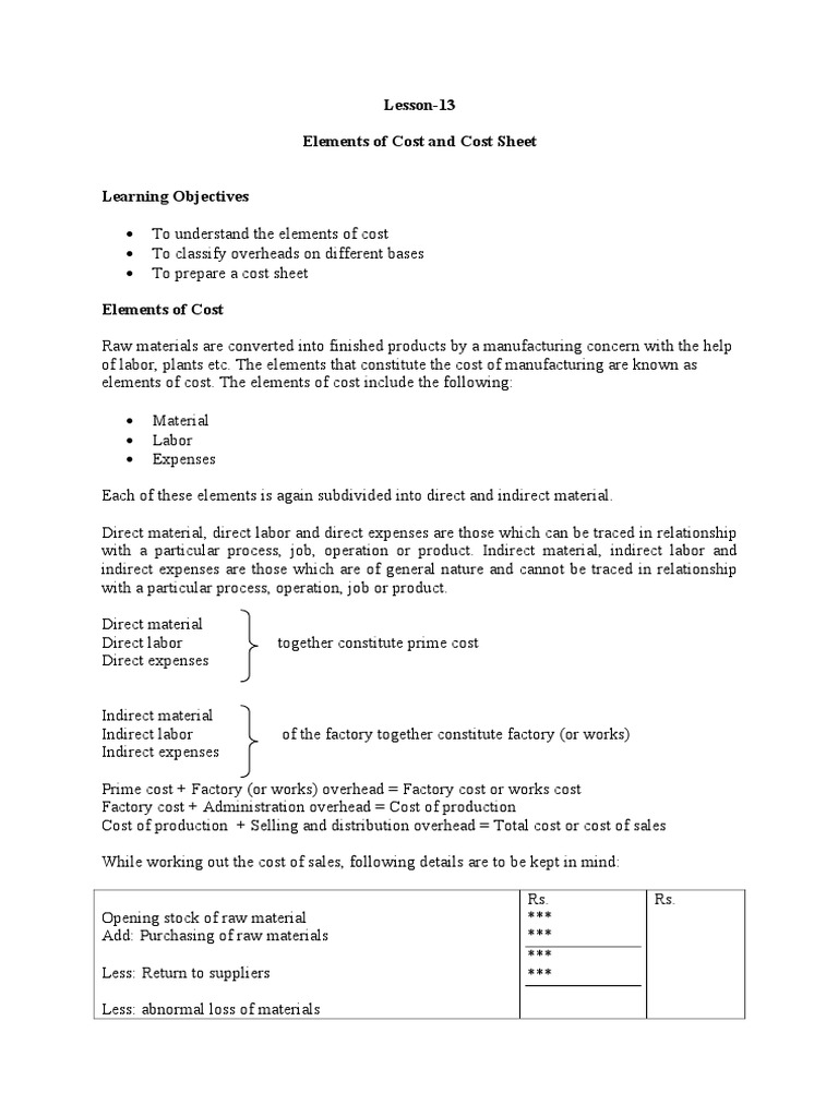 Lesson-13 Elements of Cost and Cost Sheet | PDF | Expense | Industries