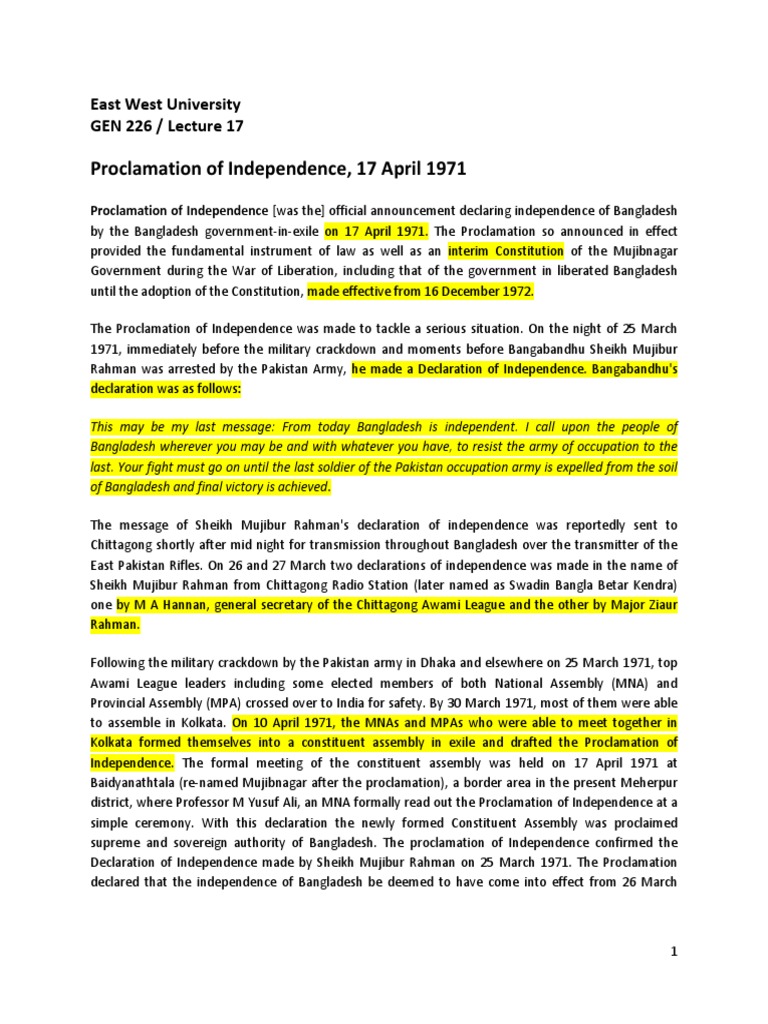 Bangladesh Independence Proclamation 1971 | PDF | Pakistan | South Asia