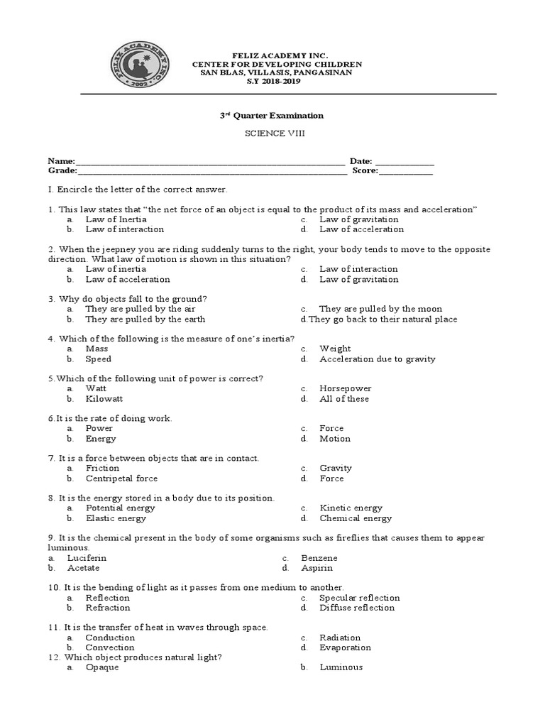 Grade 8 Science 3rd Quarter Exam | PDF | Force | Waves
