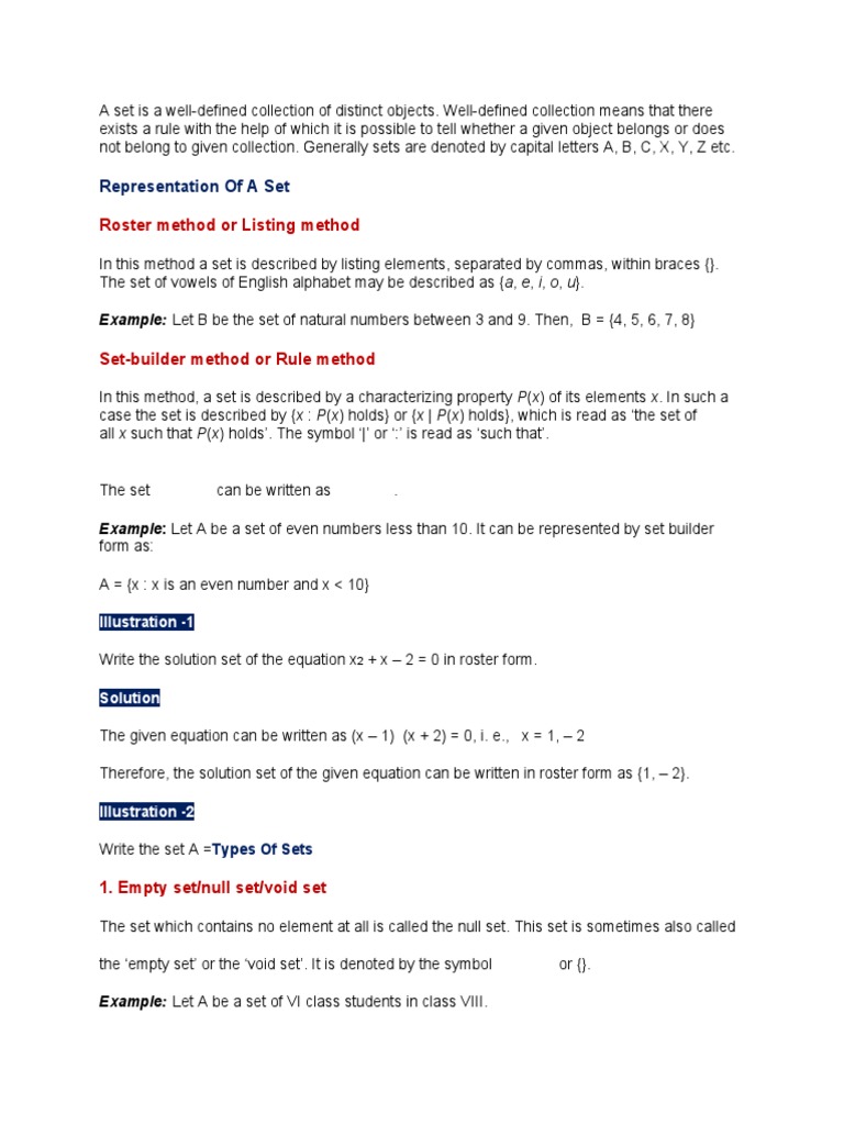 Representation of A Set: Roster Method or Listing Method | PDF | Set ...