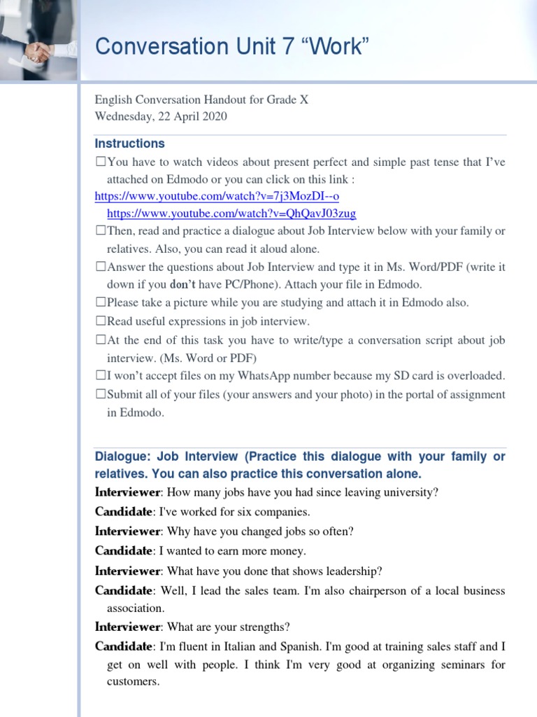 Conversation Handout Unit 7 | PDF | Interview | Job Interview
