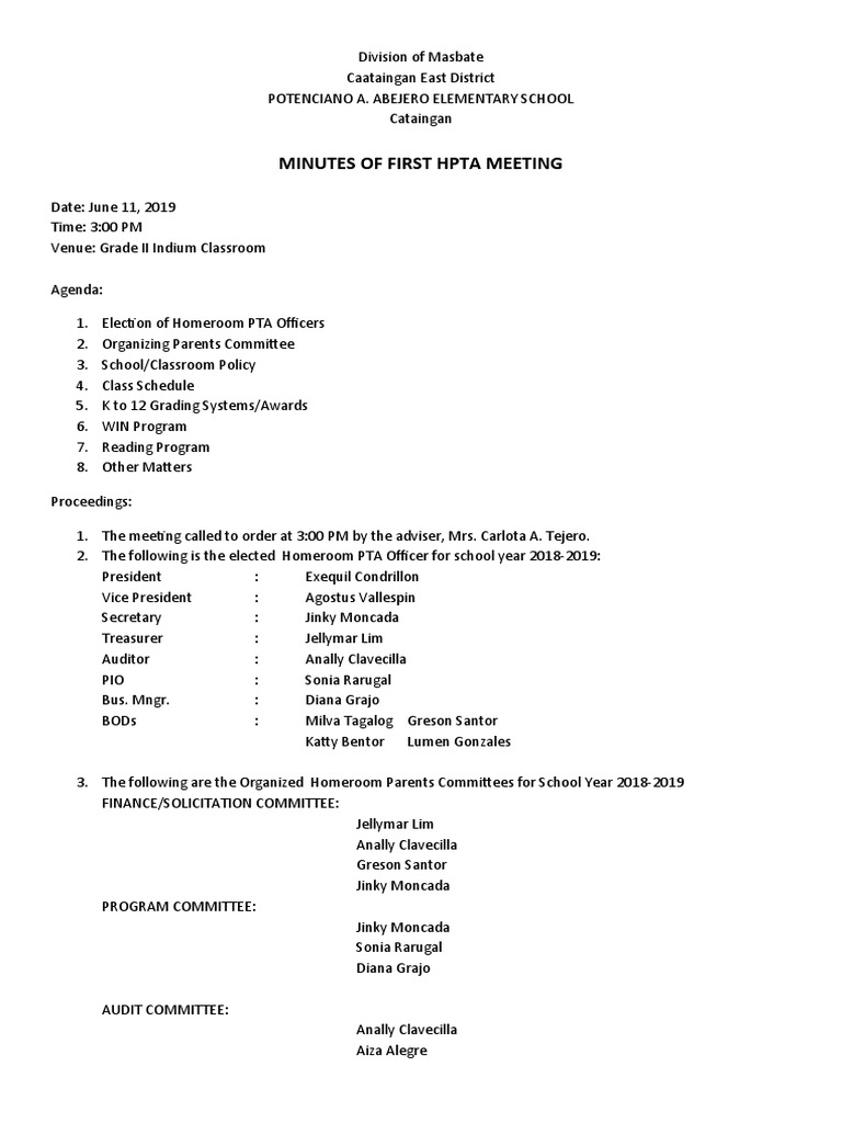 Minutes of Hpta Meeting | PDF | Educational Organizations | Teachers