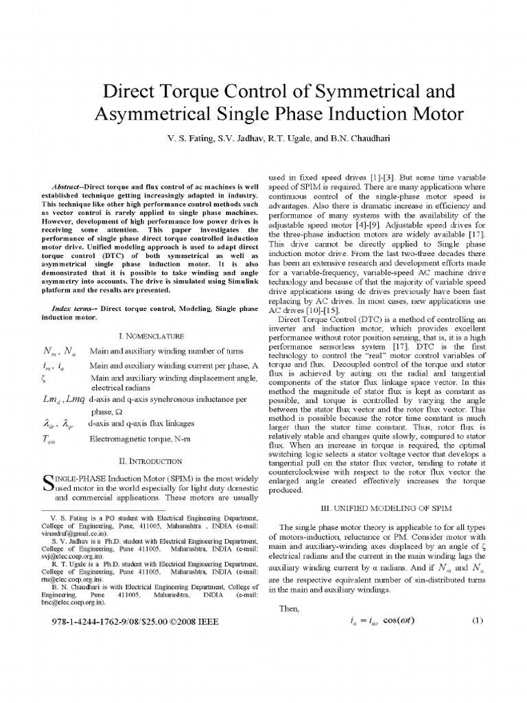 Direct Torque Control Of Symmetrical And Asymmetrical Single Phase Induction Motor Pdf