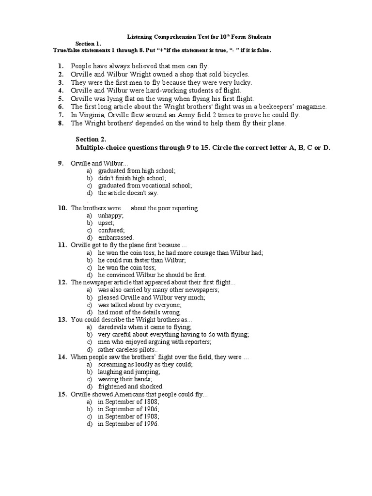 Listening Comprehension Test For 10th Form Students | PDF | Wright Brothers