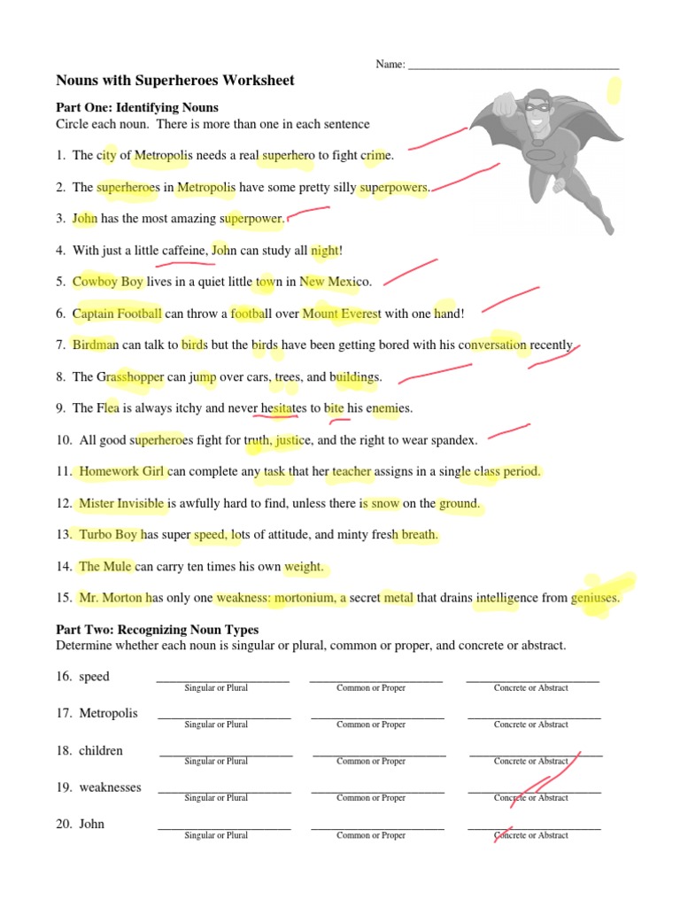 Nouns With Superheroes Worksheet: Part One: Identifying Nouns | PDF