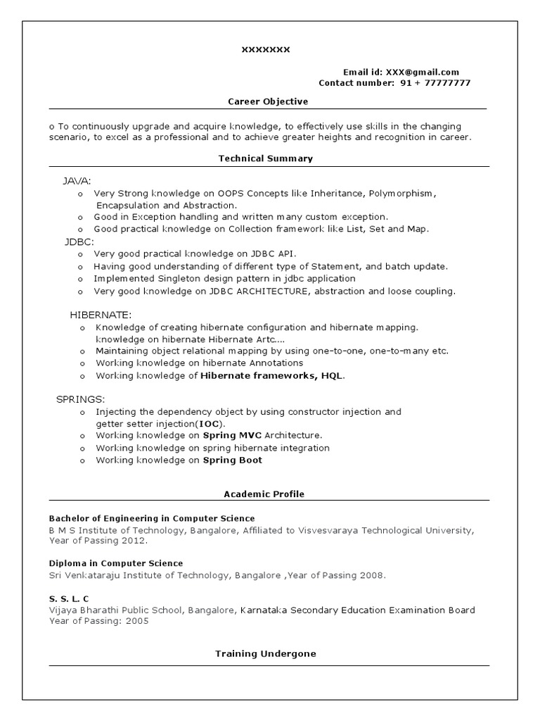 Fresher Resume Format | PDF | Java Platform | Spring Framework