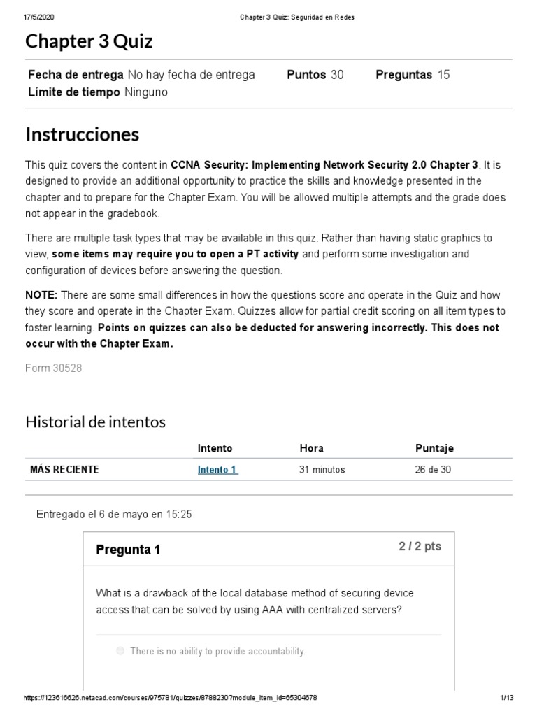 Chapter 3 Quiz: Historial de Intentos | PDF | Radius | Internet Protocols