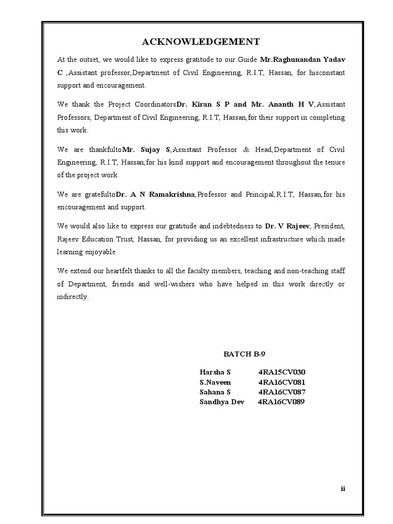 Acknowledgement: C, Assistant Professor, Department of Civil Engineering, R.I.T, Hassan, For ...