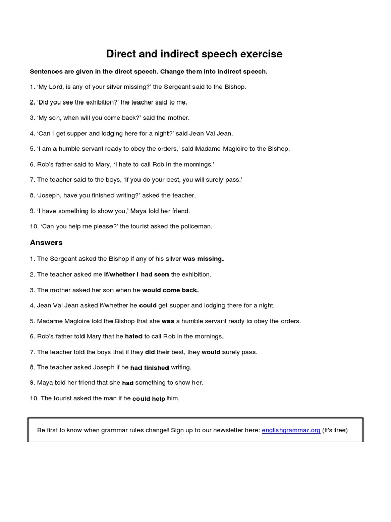 Direct and Indirect Speech Exercise PDF | PDF