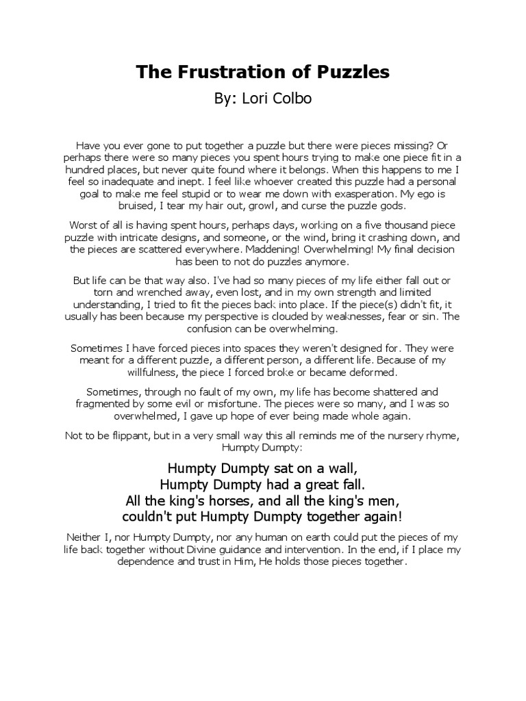 The Frustration of Puzzles: By: Lori Colbo | PDF