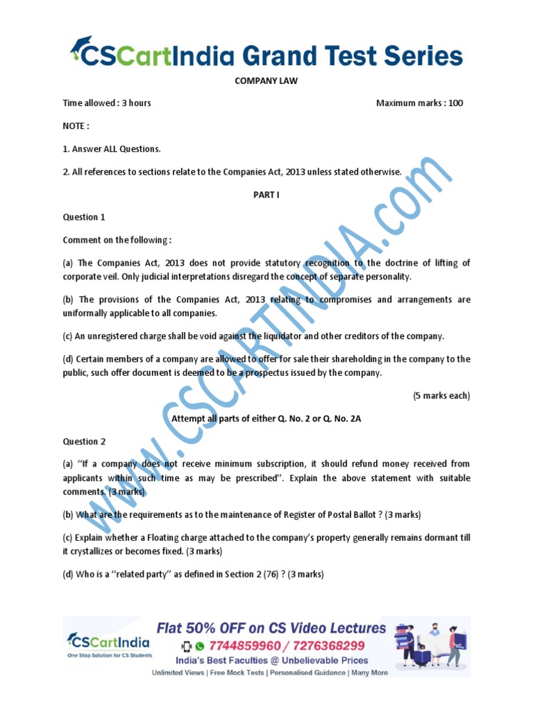Company Law New Syllabus Question Paper | PDF | Proxy Voting | Board Of ...