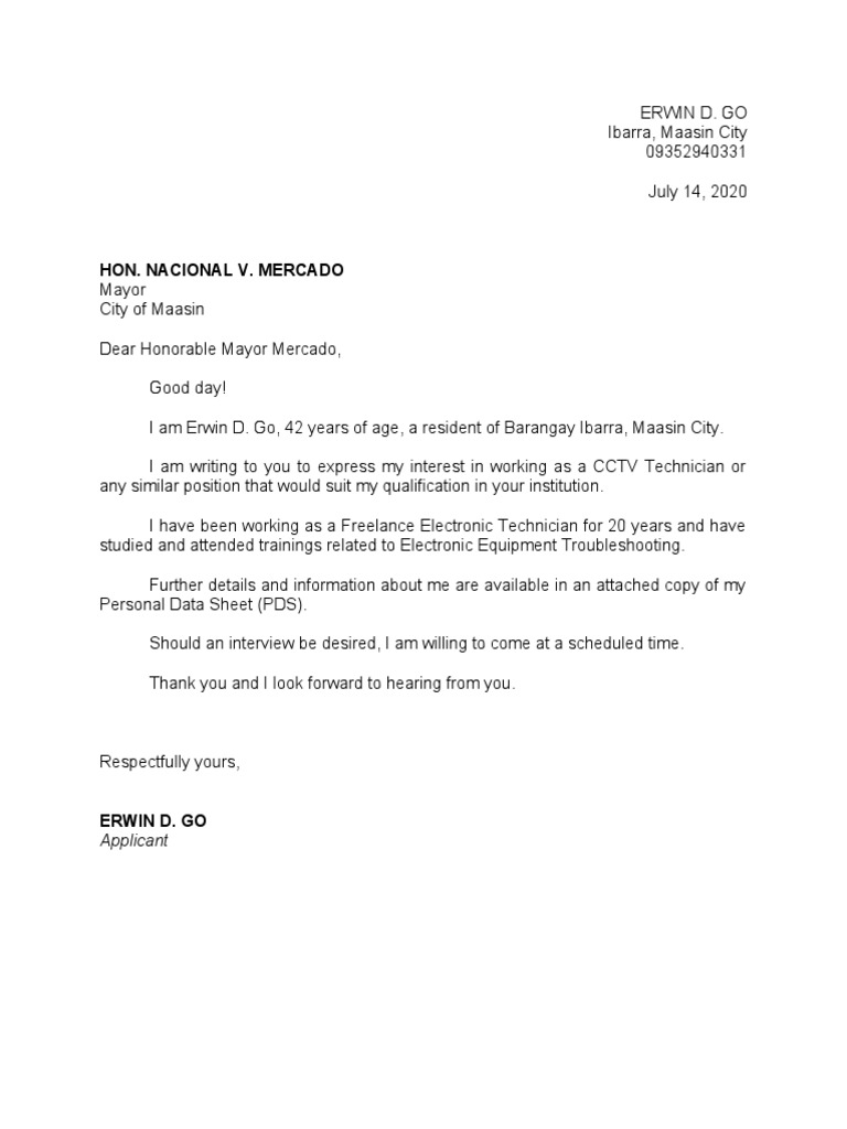 Application Letter CCTV Technician | PDF