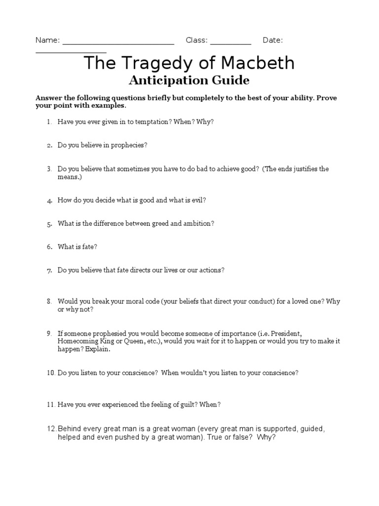 Macbeth Anticipation Guide | PDF | Conscience | Prophecy