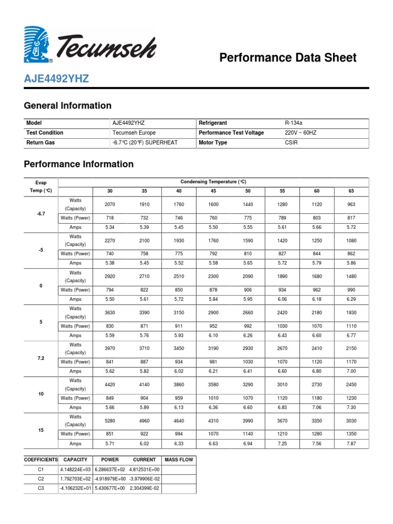 Performance Data Sheet: AJE4492YHZ | PDF | Engineering Thermodynamics ...
