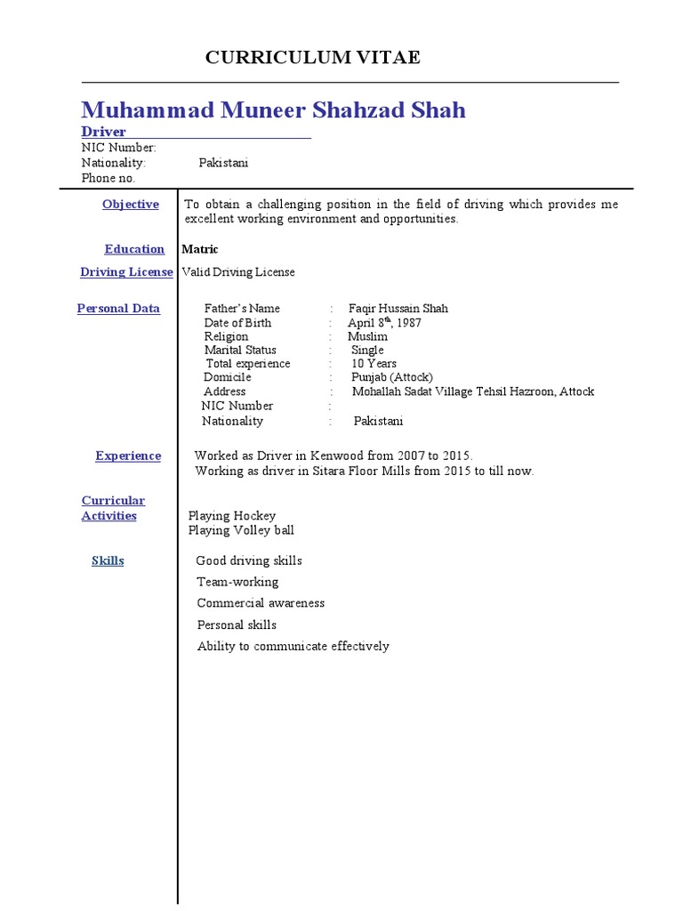 Driver CV Muhammad Muneer Shahzad | PDF