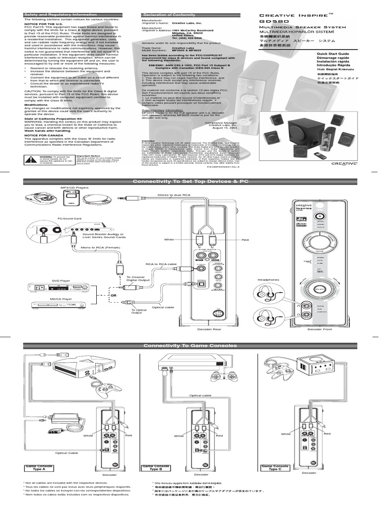 Creative Inspire™ GD580: Connectivity To Set Top Devices & PC | PDF ...