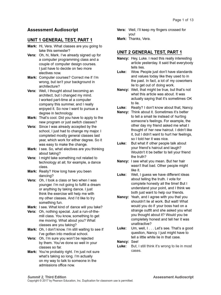 Assessment Audioscript Unit 1 General Test, Part 1 Unit 2 General Test ...