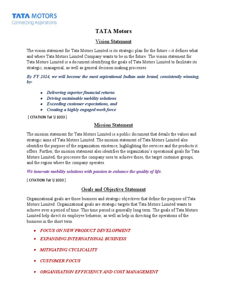 TATA Motors: Vision Statement | PDF | Goal | Strategic Planning