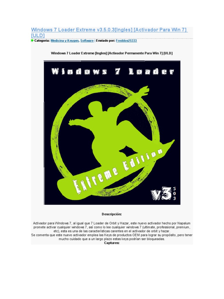 Windows 7 Loader Extreme v3.5.0.3 (Ingles) (Activador para Win 7) (ULD ...