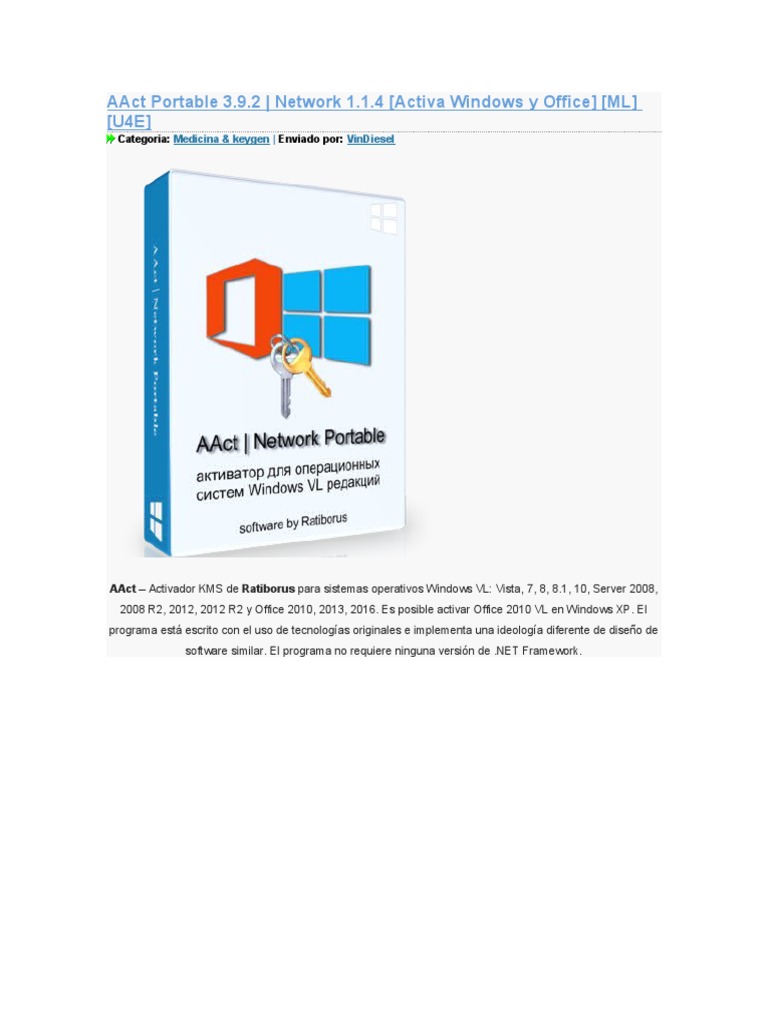 AAct Portable 3.9.2 Network 1.1.4 (Activa Windows y Office) (ML) (U4E ...