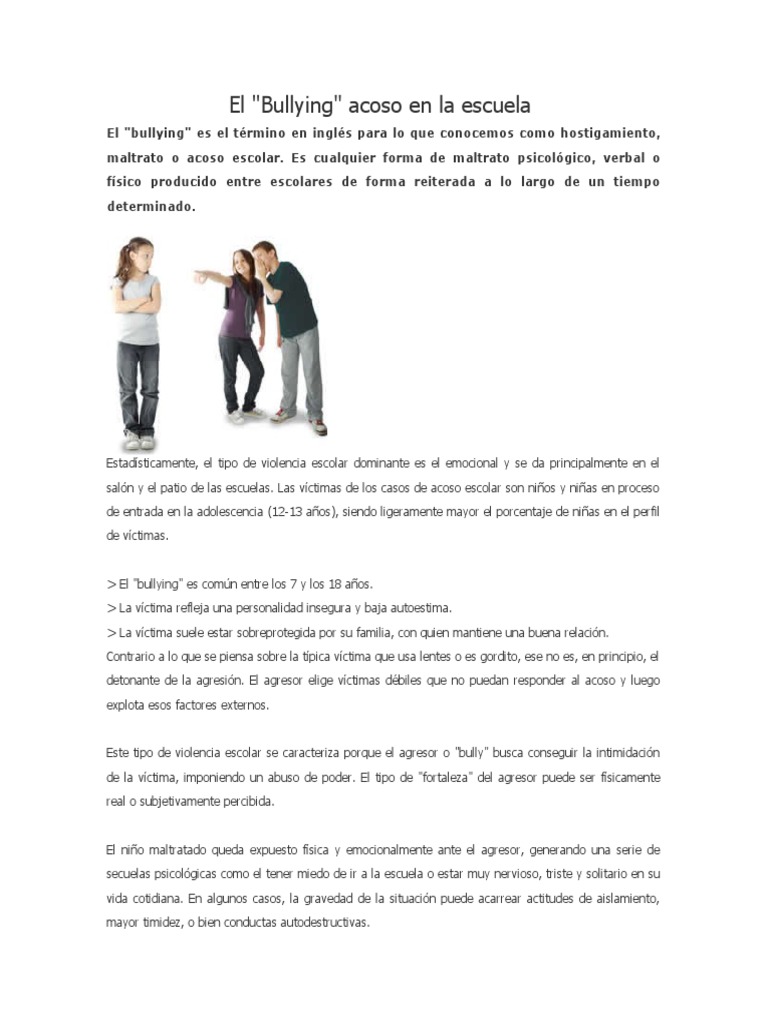 El Bullying Acoso en La Escuela | PDF | Comportamiento problemático ...