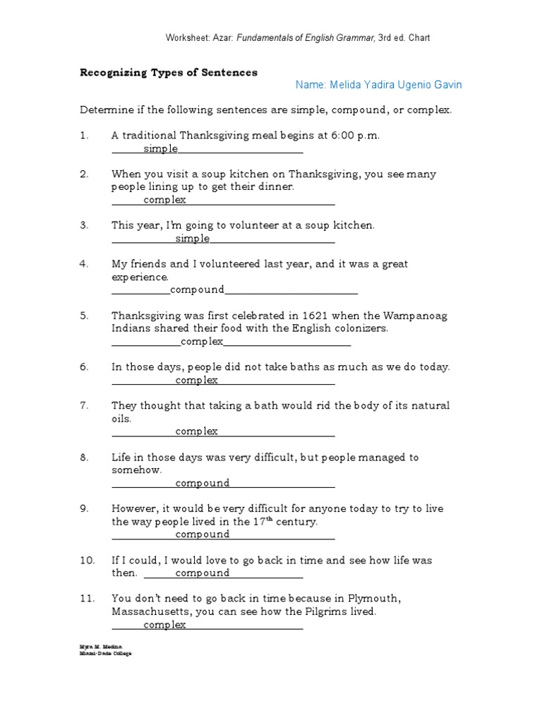 Recognizing Types of Sentences: Name: Melida Yadira Ugenio Gavin | PDF