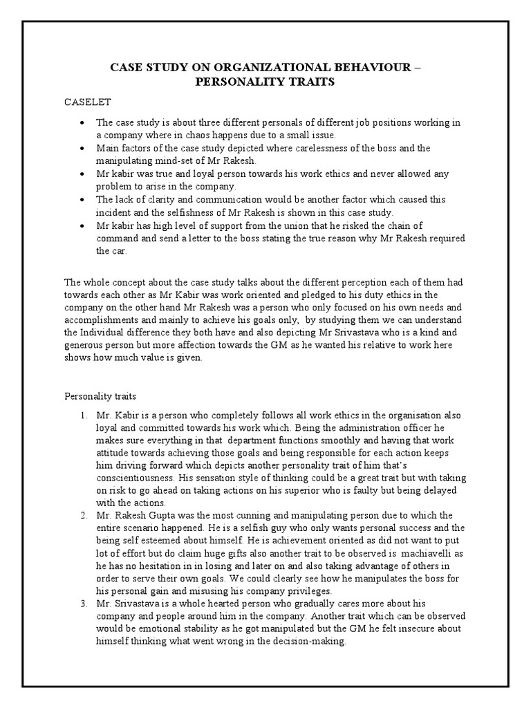 Case Study On Organizational Behaviour - Personality Traits | PDF ...