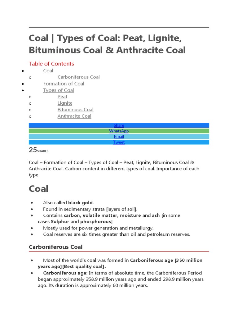 Coal - Types of Coal: Peat, Lignite, Bituminous Coal & Anthracite Coal ...