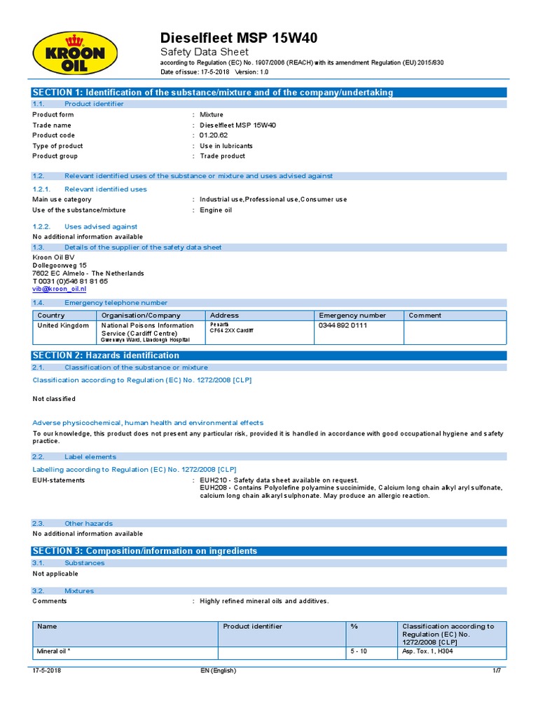 Dieselfleet MSP 15W40: Safety Data Sheet | PDF | Dangerous Goods | Toxicity