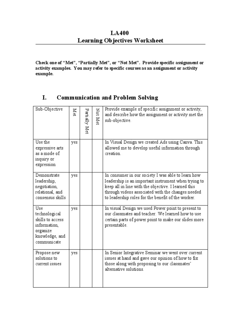 Learning Objectives Worksheet 1 | PDF | Information | Design
