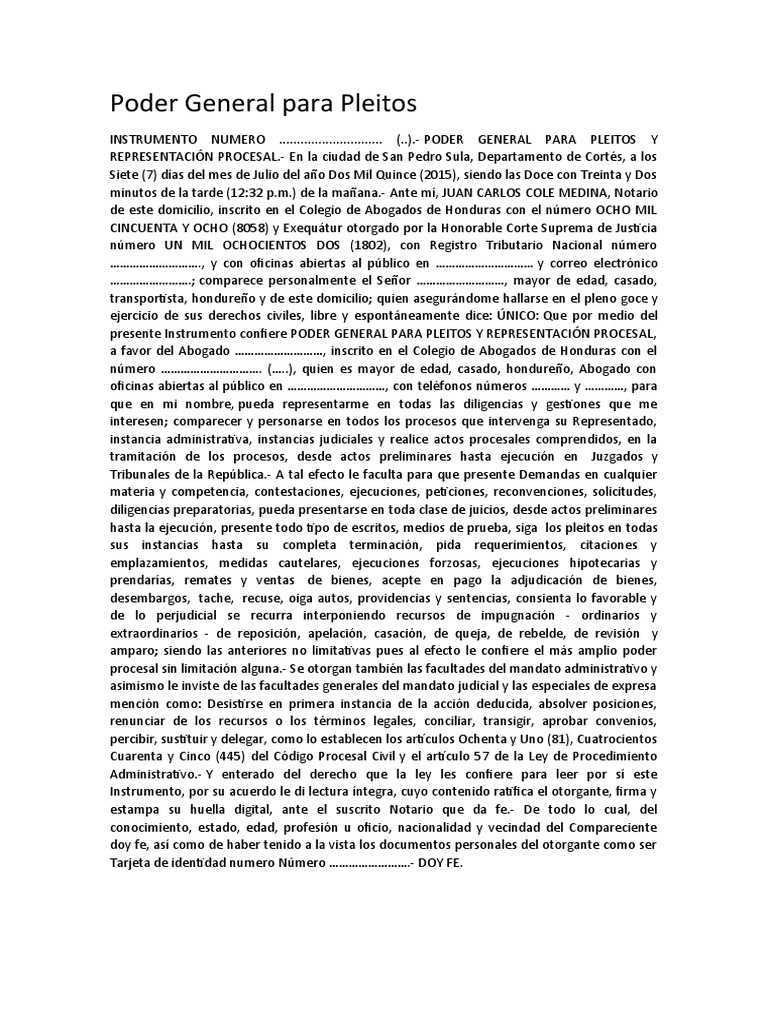 Poder General para Pleitos en Honduras | PDF | Honduras | Ley procesal