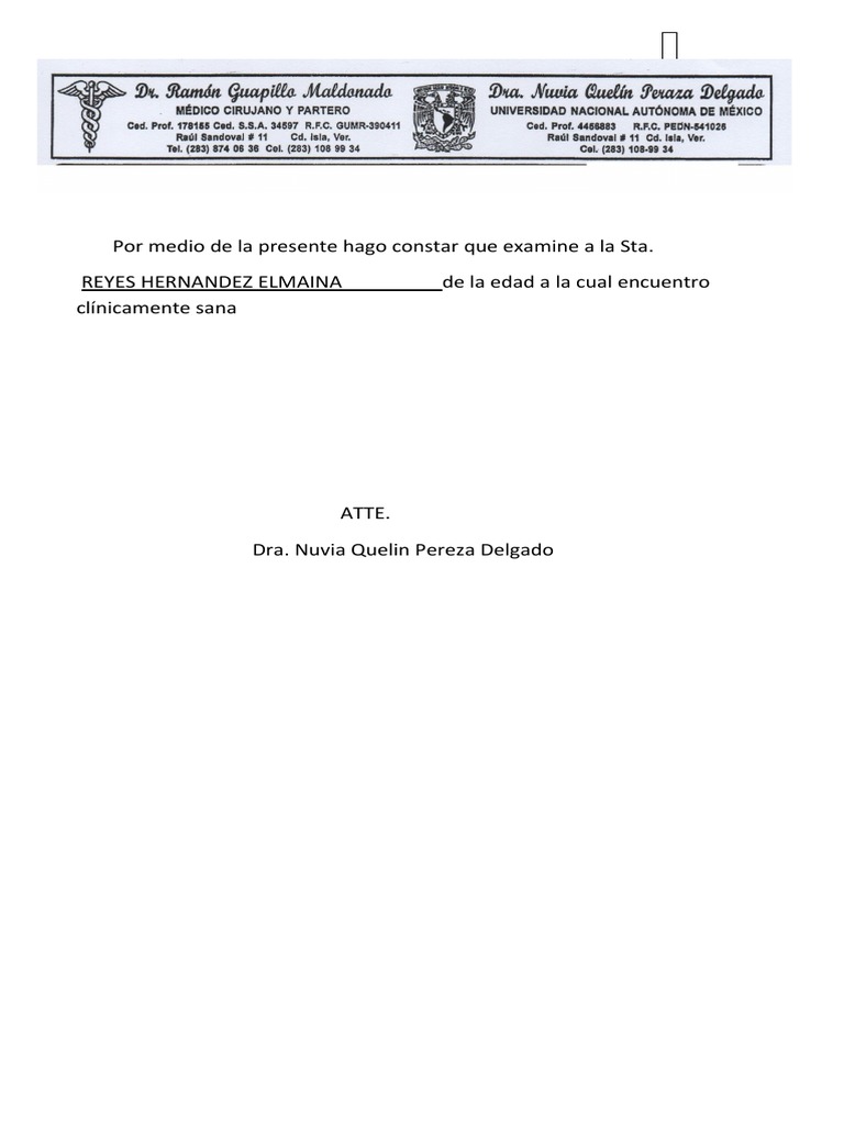 Por Medio de La Presente Hago Constar Que Examine A La Sta | PDF