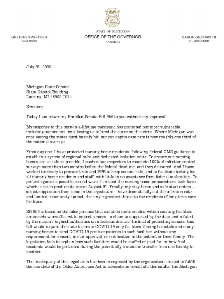 Senate Bill 956 Veto Letter | PDF | Nursing Home Care | Health Sciences