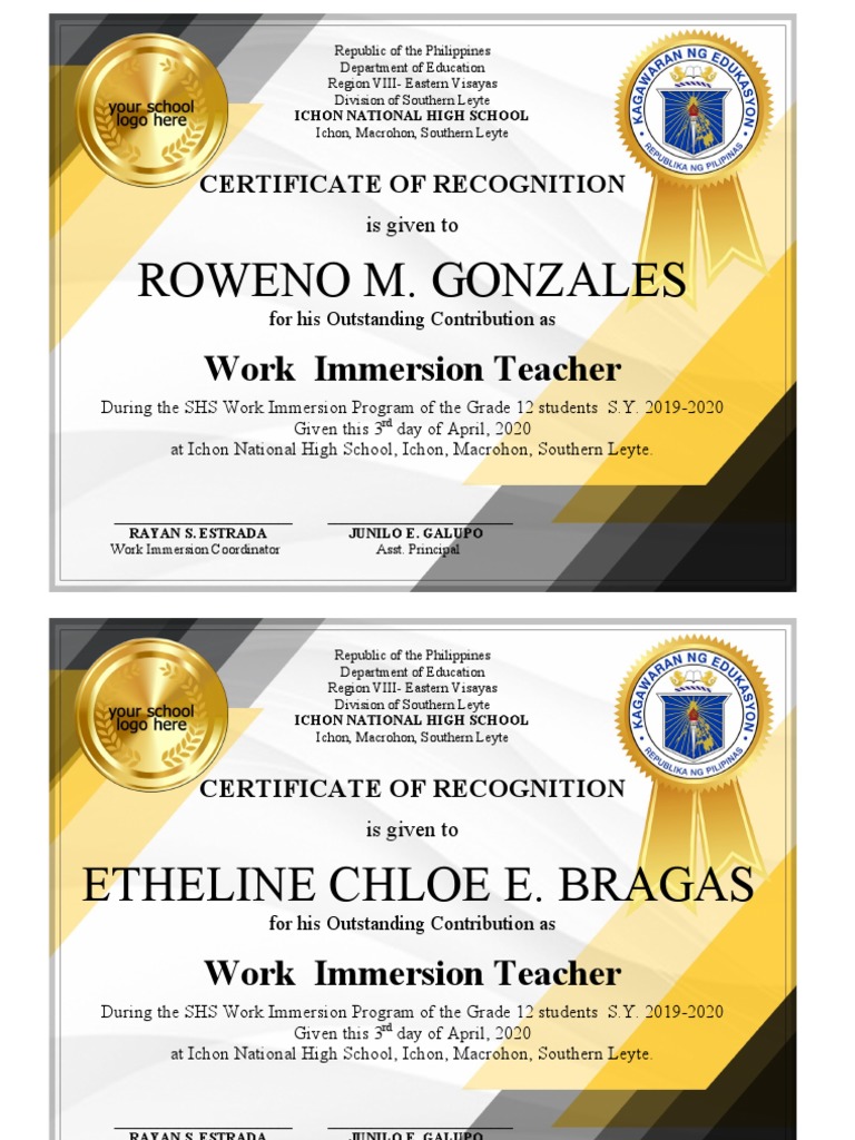 Certificates of Recognition for Outstanding Contributions as Work ...