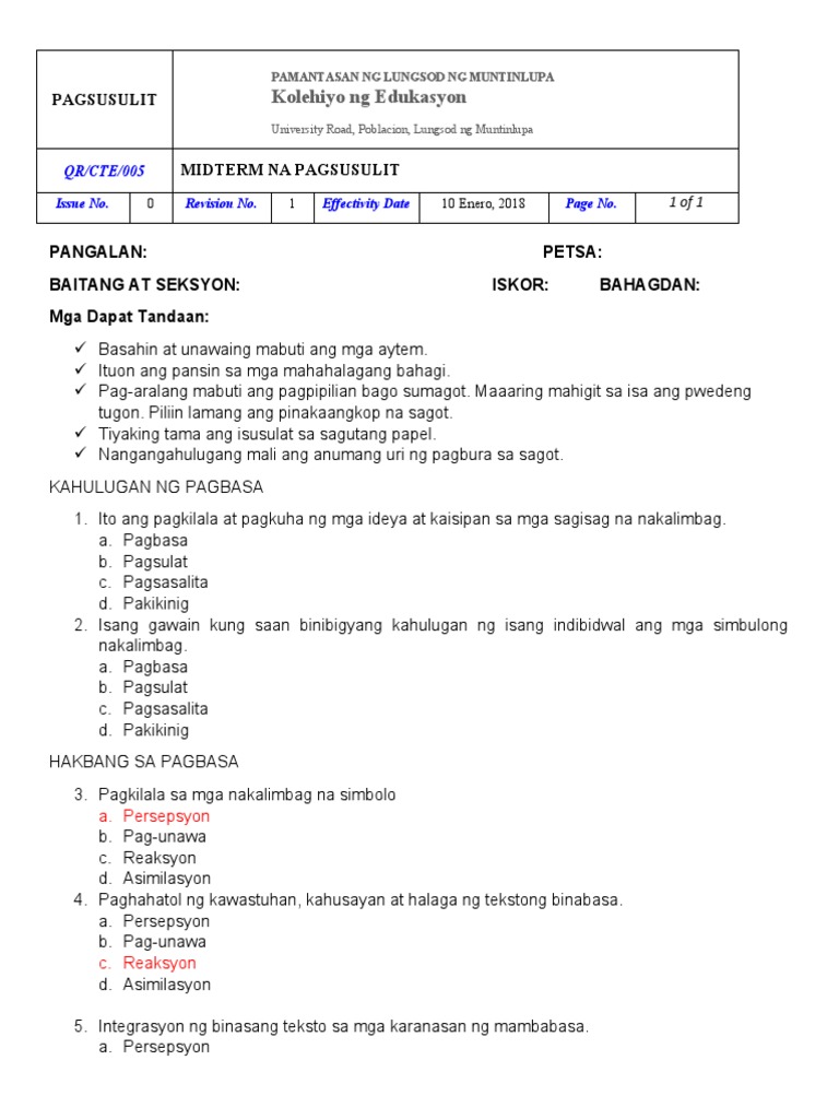 Midterm Na Pagsusulit Sa Pagtuturo at Pagtataya Sa Pagbasa at Pagsulat | PDF