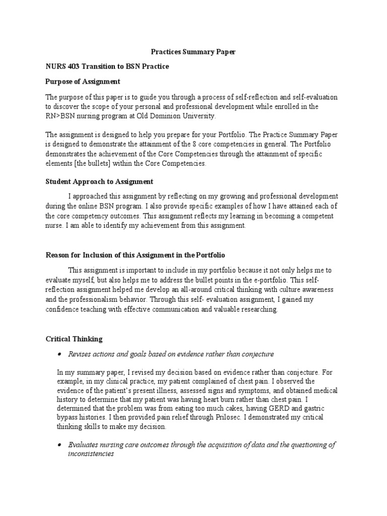 Practices Summary Paper NURS 403 Transition To BSN Practice Purpose of ...