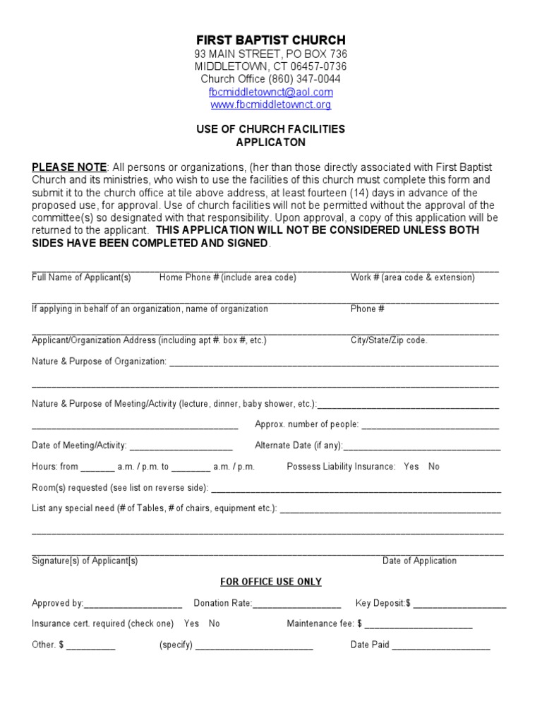 First Baptist Church Facility Use Application | PDF | Indemnity ...