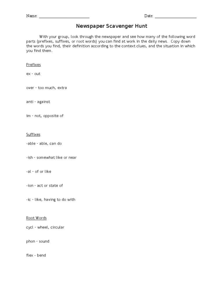 Newspaper Scavenger Hunt | PDF | Syntactic Relationships | Language ...