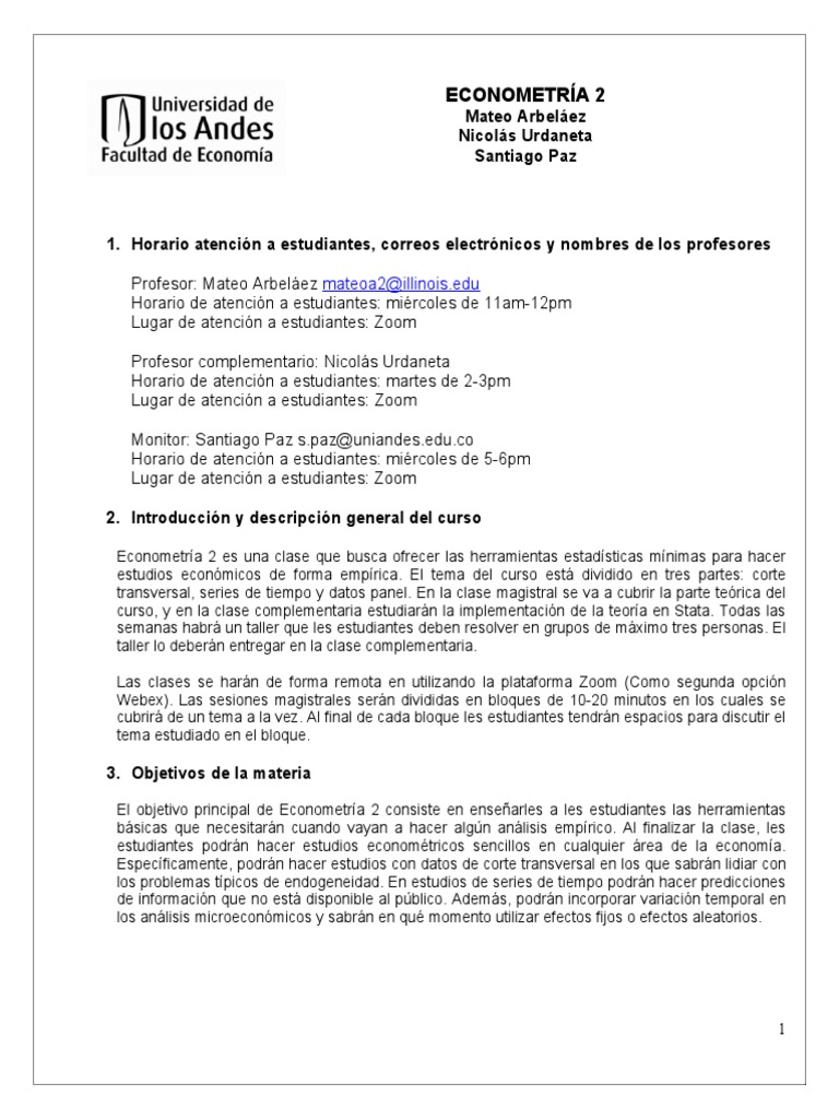 Programa Econometria 2 2020 | PDF | Econometría | Prueba (evaluación)