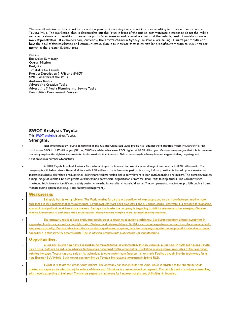 SWOT Analysis Toyota: Strengths | PDF | Toyota | Hybrid Electric Vehicle
