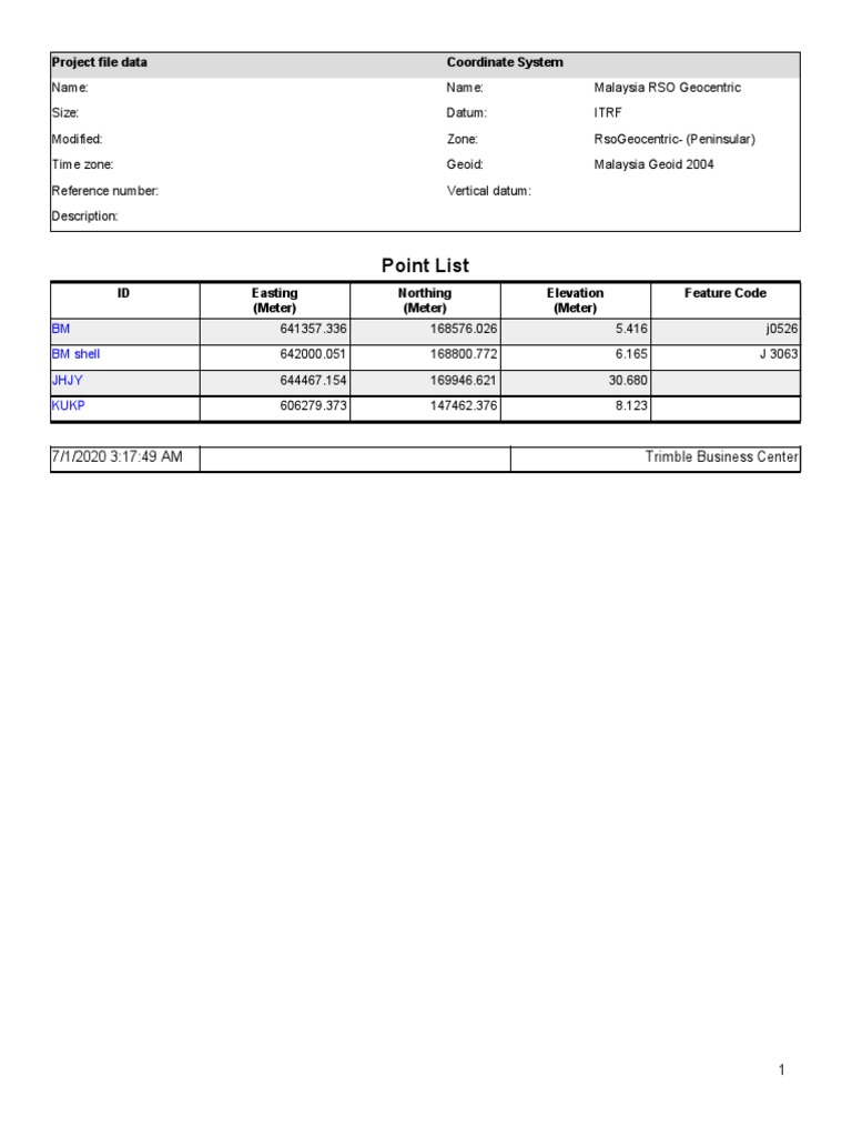 Point List: 7/1/2020 3:17:49 AM Trimble Business Center | PDF
