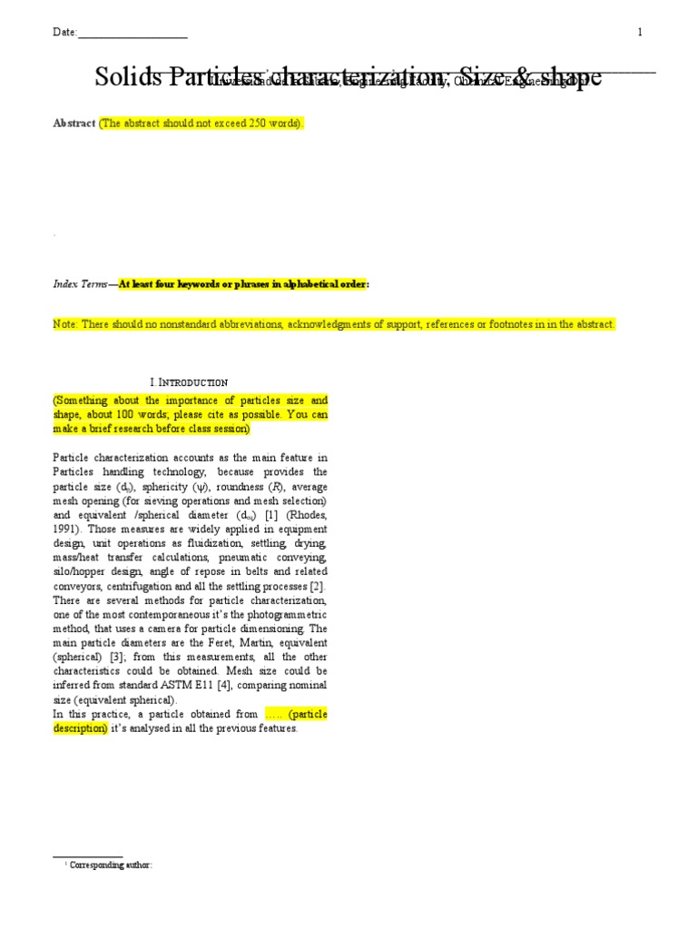 Solid Particles Characterization (Size, Shape) - Template | PDF ...