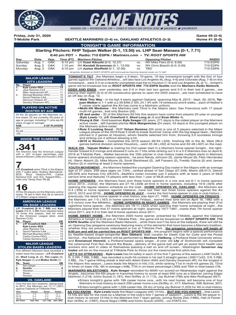 07.31.20 Game Notes | PDF | Baseball Leagues | Major League Baseball Teams