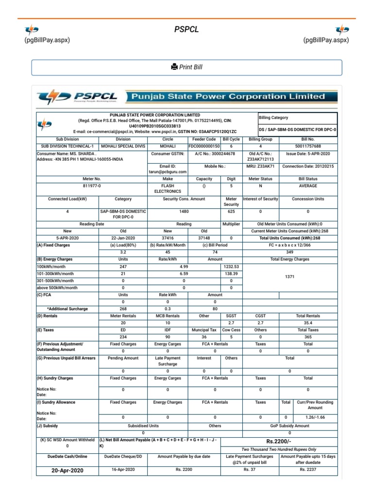 PSPCL Bill 3000244678 Due On 2020-APR-20 | PDF | Taxation | Services ...