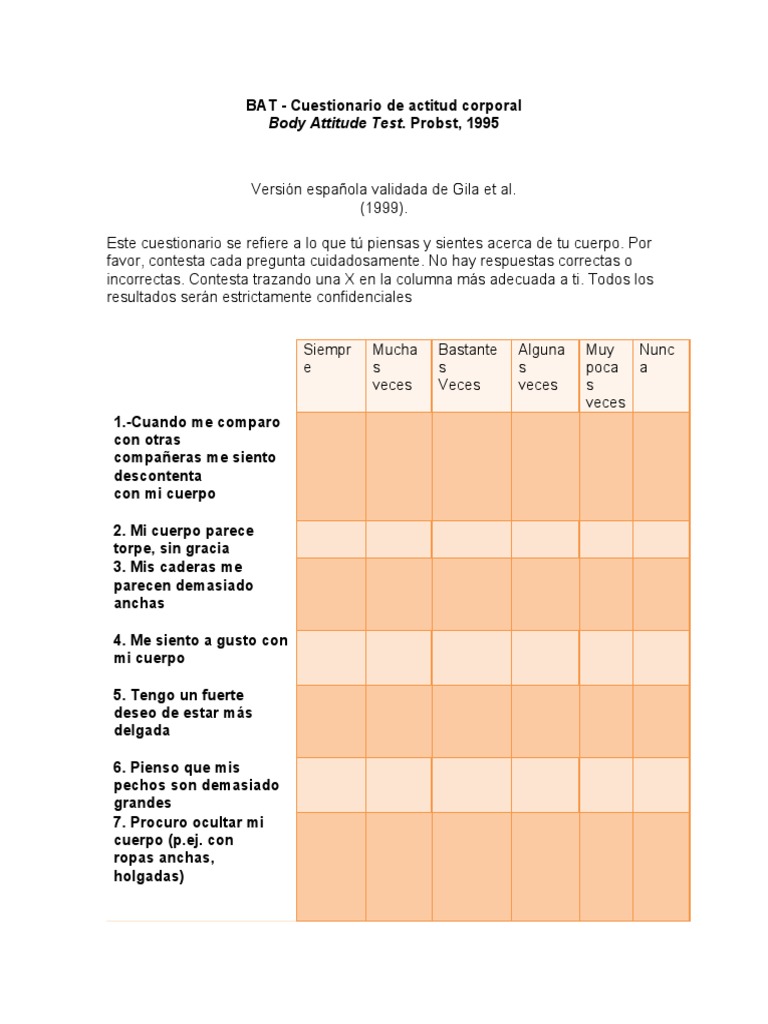 Body Attitude Test. Probst, 1995 | PDF